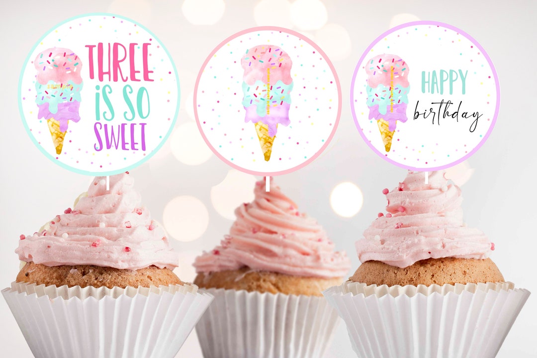 Three is so Sweet Birthday Party Ice Cream Cupcake Toppers Favor Tags ...