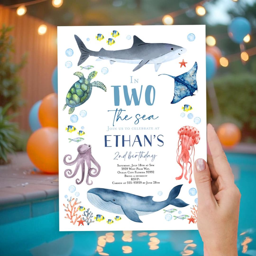 In TWO the Sea Invitation, Under the Sea 2nd Birthday Shark Invitation ...