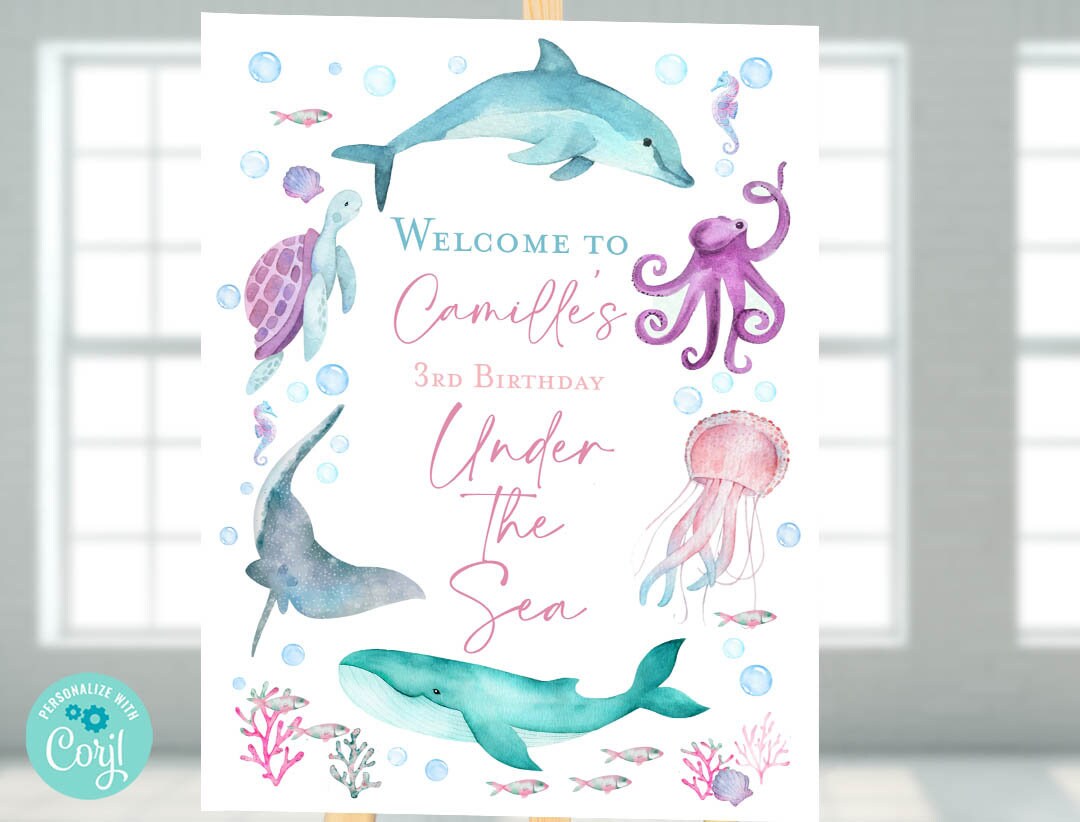 Under the Sea Birthday Party Welcome Sign, Pink Girl Under the Sea ...