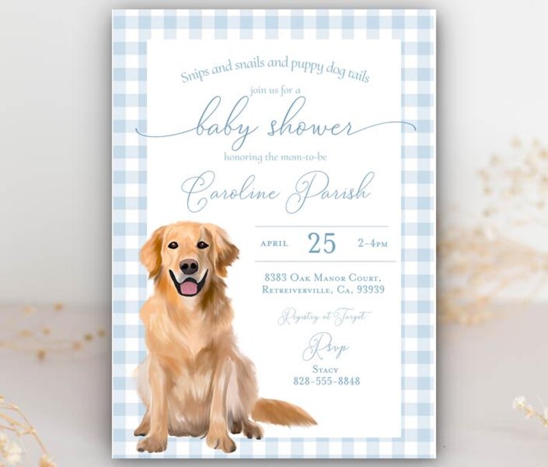 Blue Puppy Dog Baby Shower Invitation, Golden Retriever Baby Shower ...