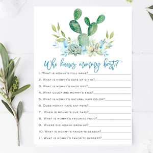 Cactus Baby Shower Game Nursery Rhyme Quiz Blue Cactus Watercolor ...