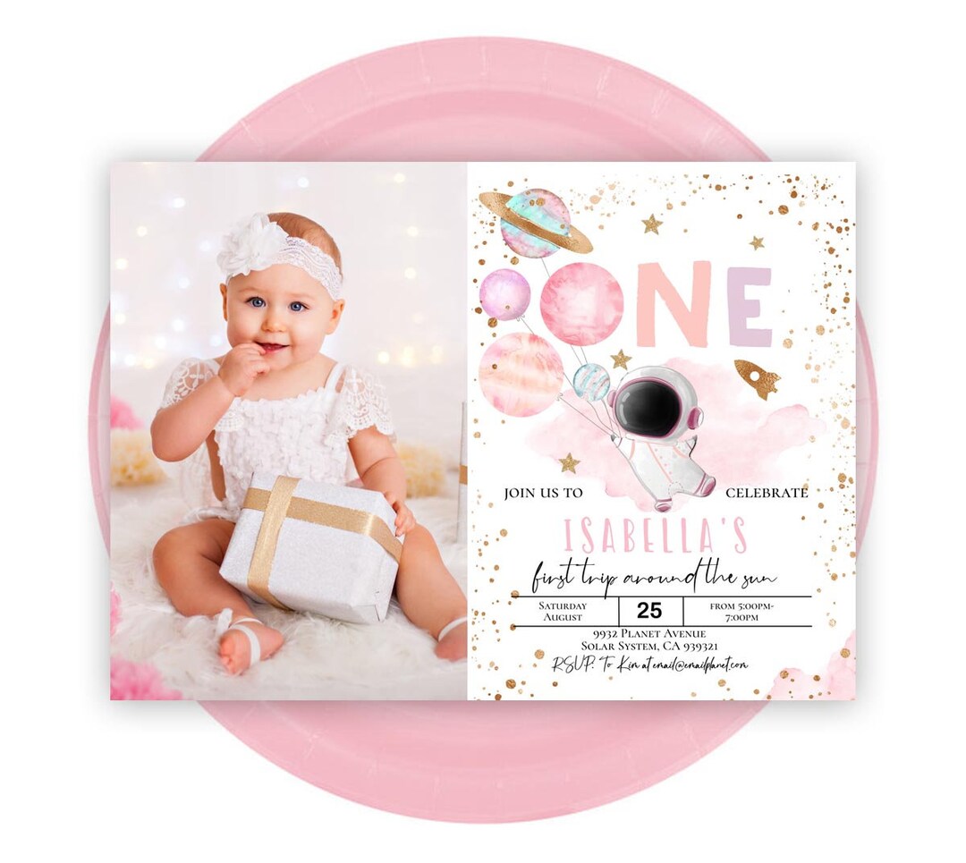 Editable Girl Space Birthday Invitation First Trip Around the Sun ...