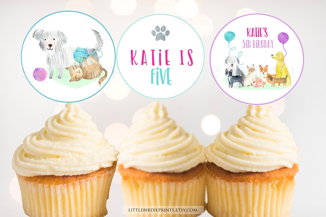 Puppy Kitty Cupcake Toppers, Pet Birthday Party, Dog Cat Birthday Puppy ...
