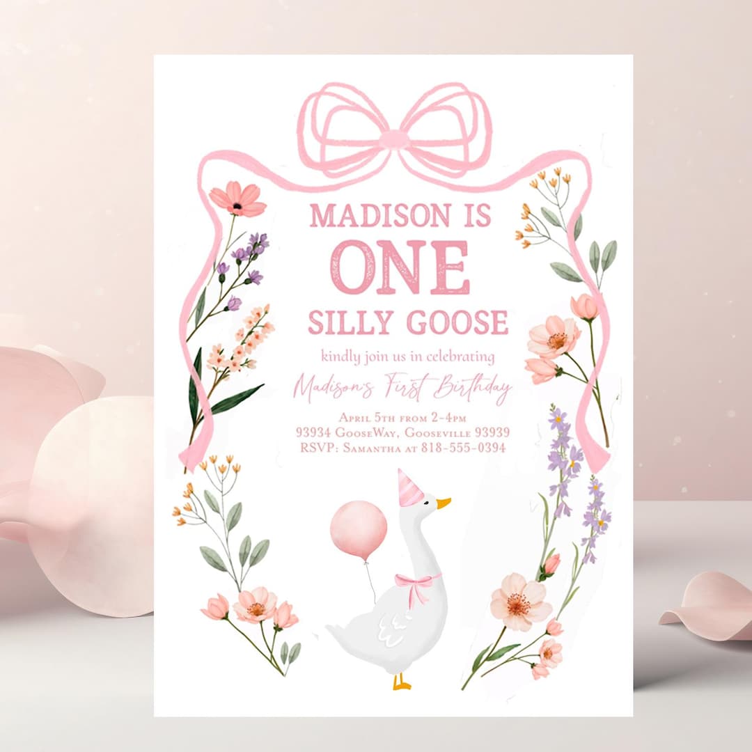 One Silly Goose Birthday Invitation Goose Invitation Pink Goose Pink ...