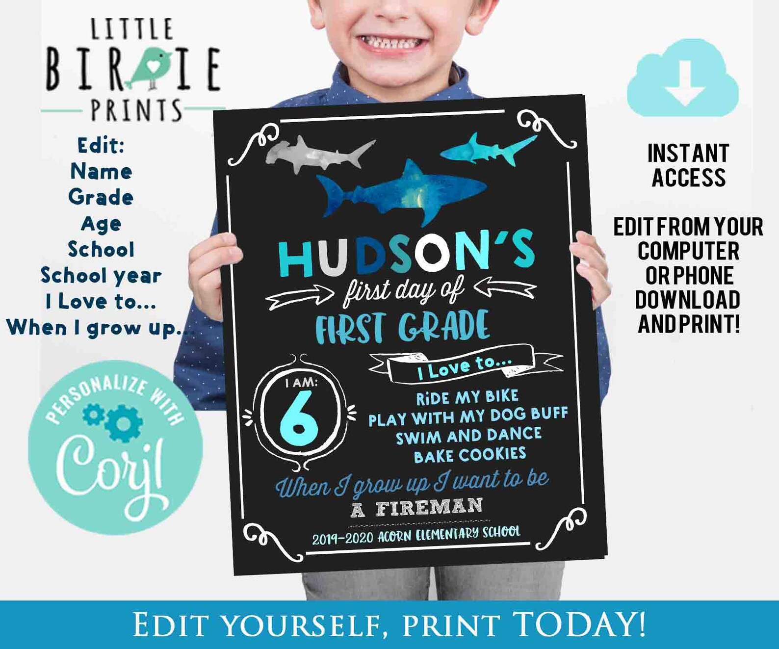 SHARK First Day of School Sign First Day of First Grade Sign - Etsy