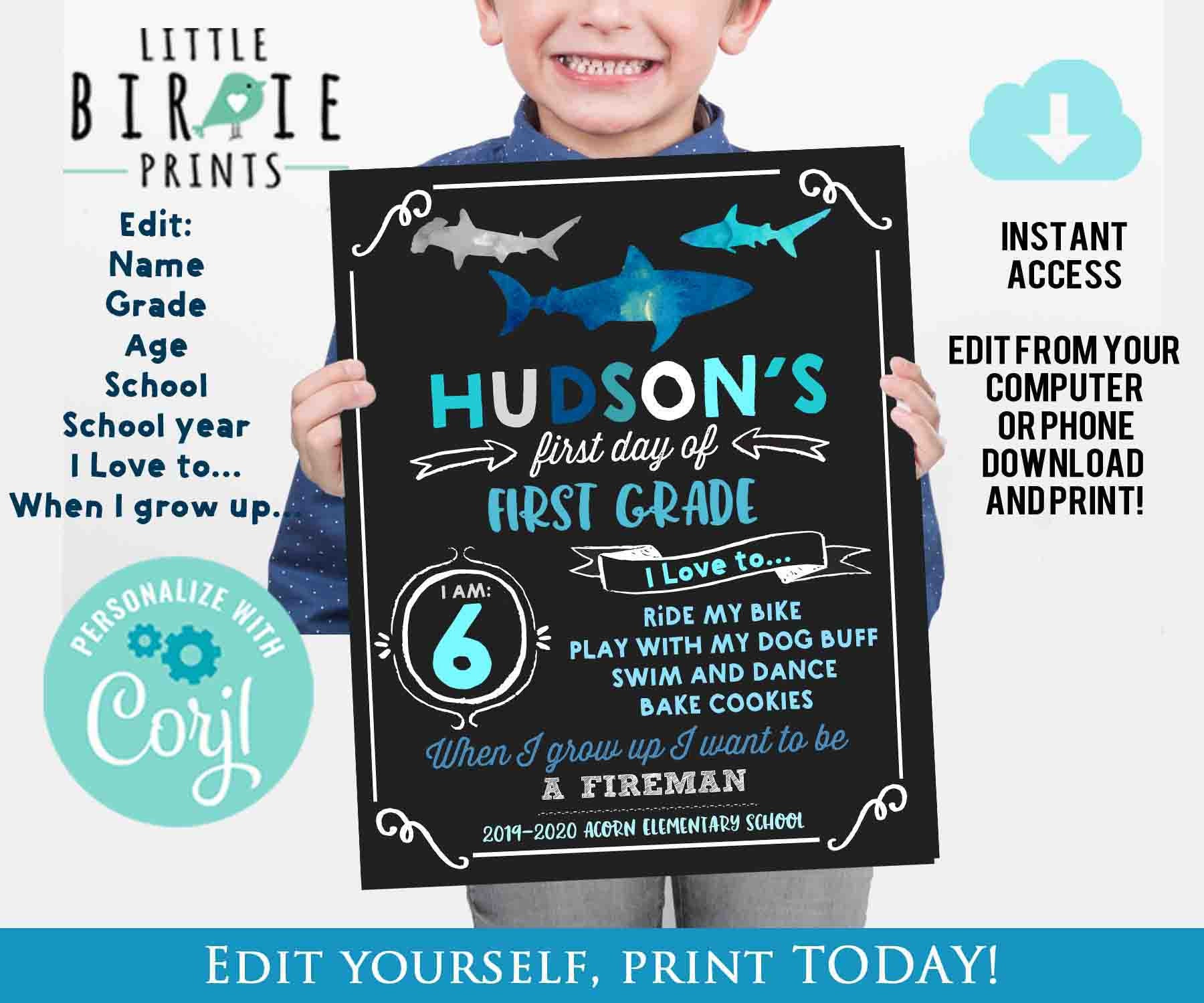 SHARK First Day of School Sign First Day of First Grade Sign | Etsy