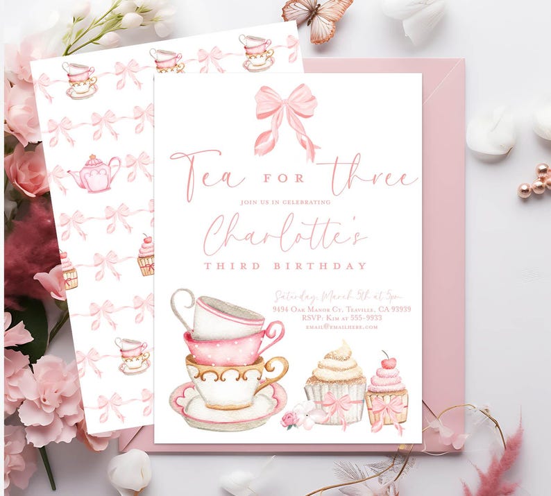 Tea for Three Birthday Party Invitation, Tea Party 3rd Birthday ...