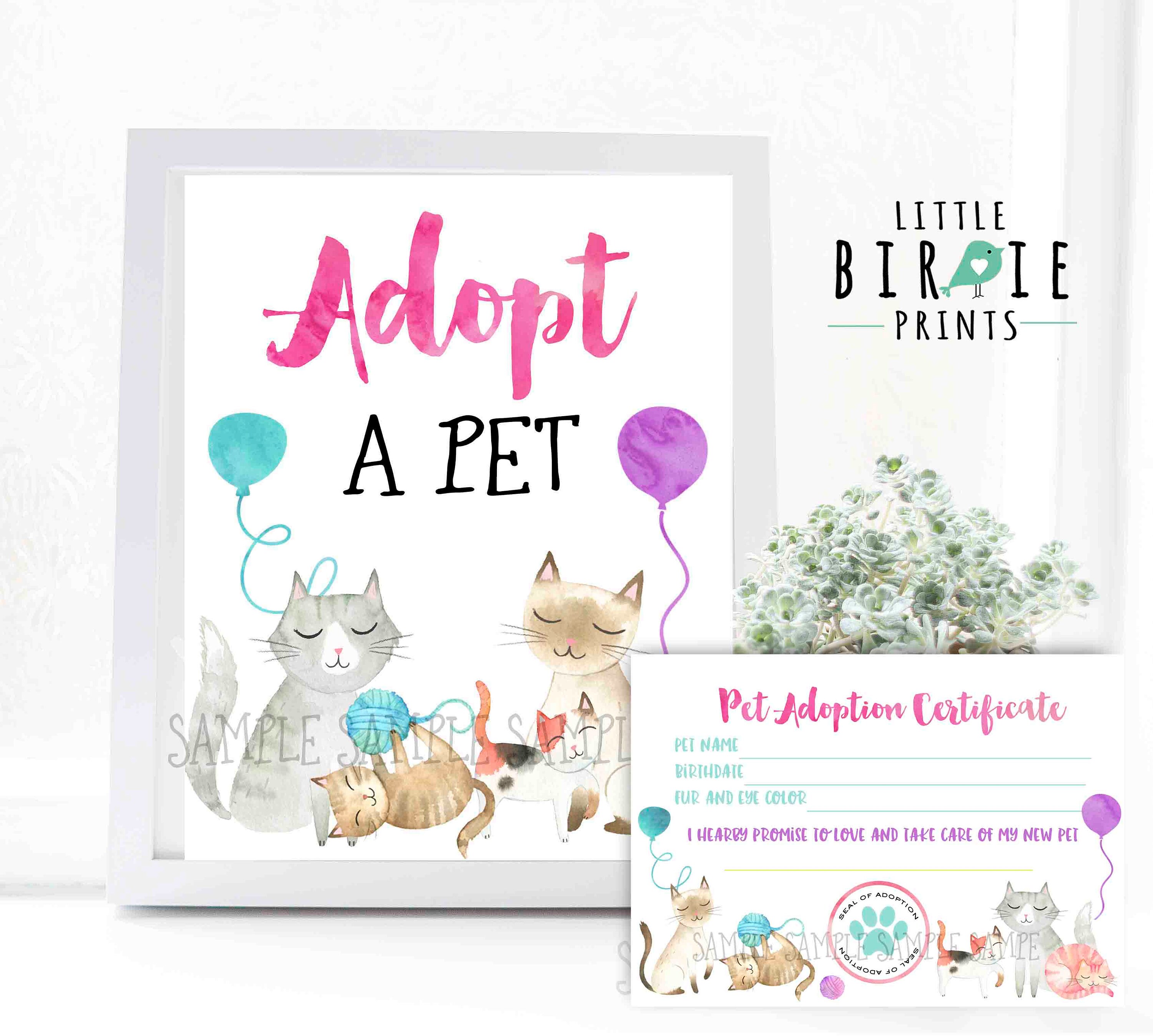 Kitty Cat Birthday Party Adoption Certificate and Adopt a Pet - Etsy