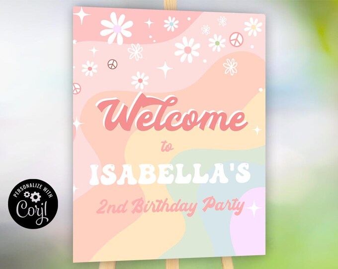 Editable Welcome Sign Groovy Party Sign, Rainbow Birthday Poster ...