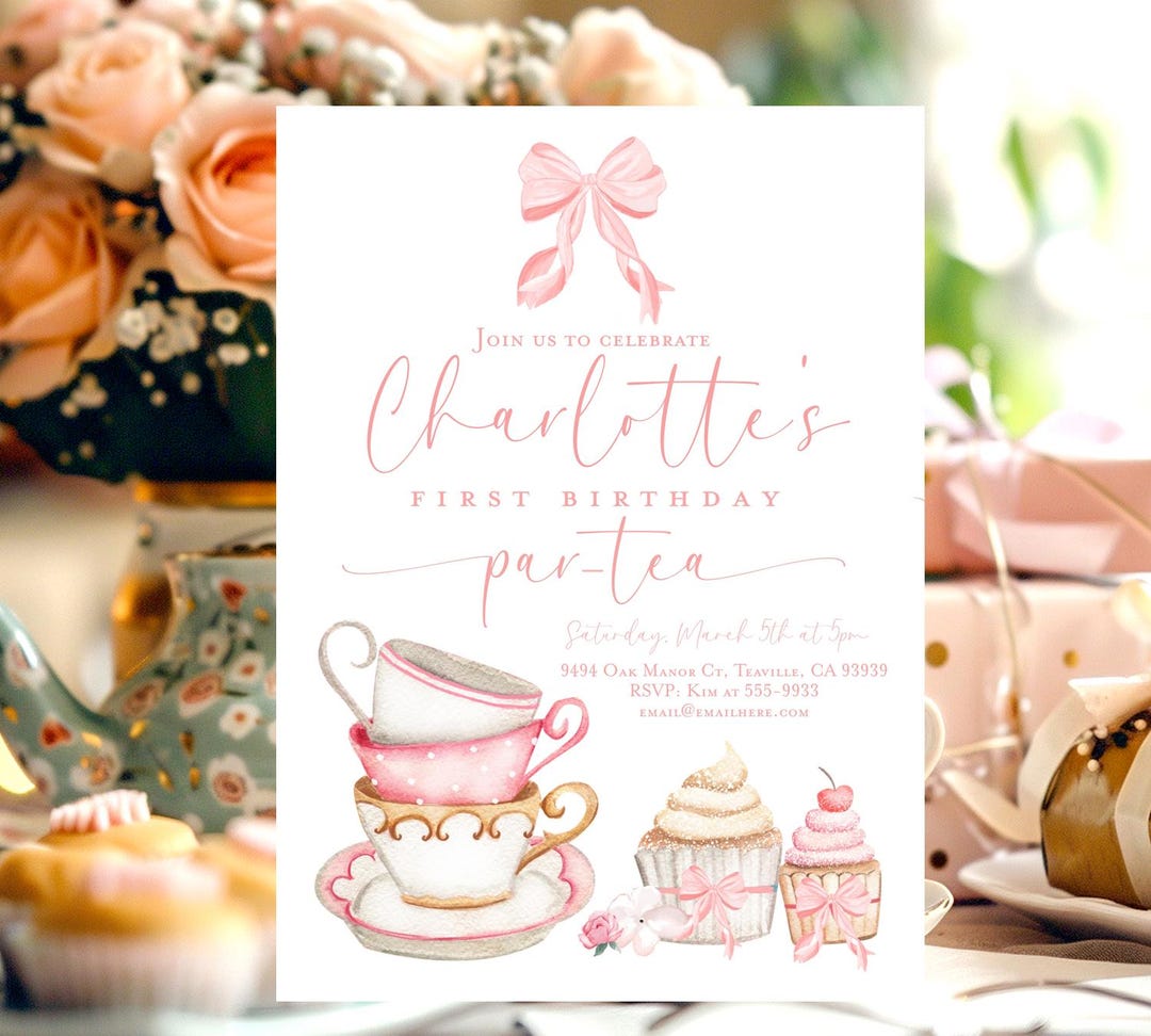 Tea Party First Birthday Invitation, First Birthday Par-tea, Pink Bow ...