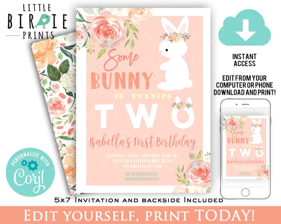 SOME BUNNY is Turning Two Invitation Bunny First Birthday - Etsy