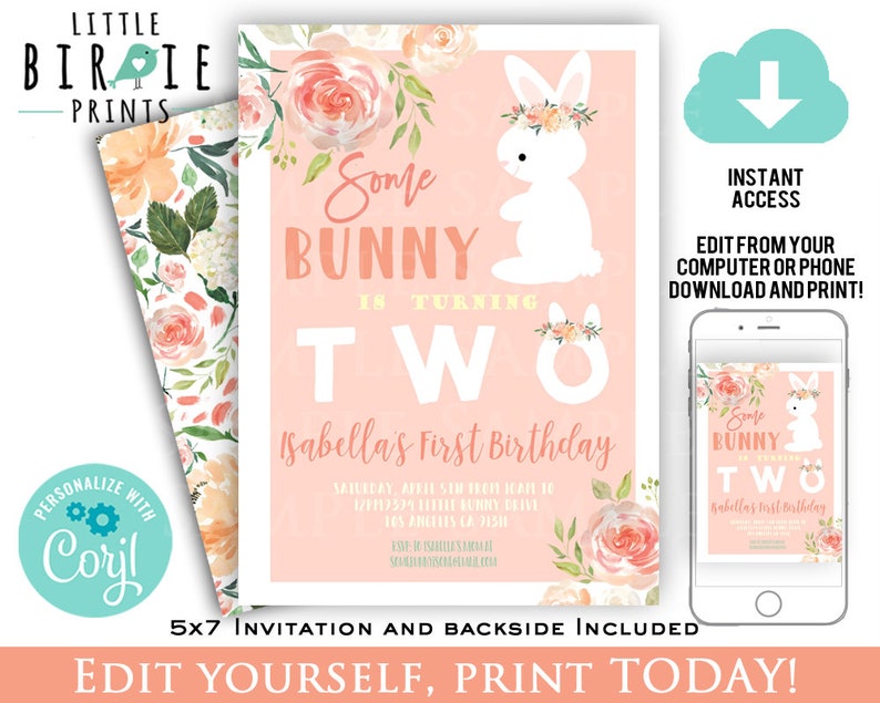 SOME BUNNY is Turning Two Invitation Bunny First Birthday - Etsy