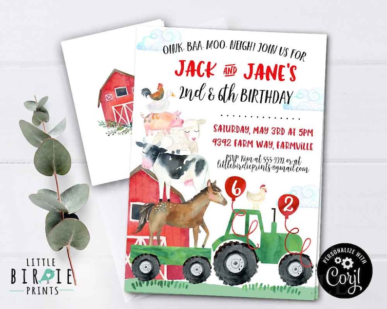 FARM TRACTOR Birthday Party Invitation, Dual Sibling Twins Farm ...