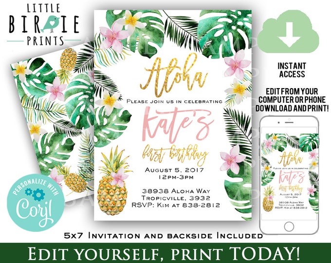 TROPICAL Birthday Party Invitation Gold Pineapple Invitation - Etsy