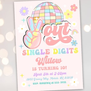 Editable Peace Out Single Digits Invitation Groovy 10th Birthday Party ...