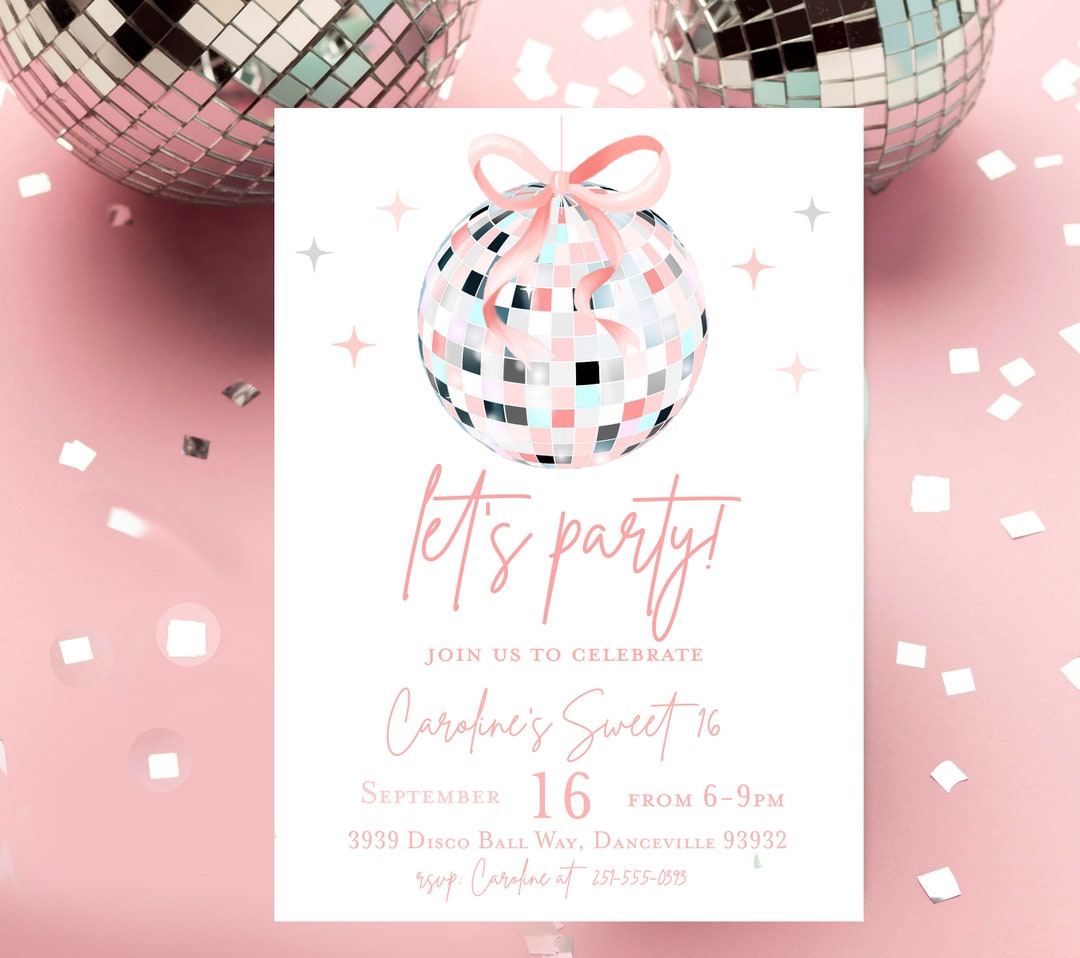 Sweet 16 Disco Ball Birthday Invitation, Mirrorball Music Dance ...