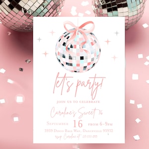Sweet 16 Disco Ball Birthday Invitation, Mirrorball Music Dance ...
