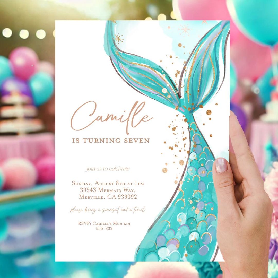 Editable MERMAID Birthday Invitation, Aqua Teal Mermaid Invitation ...