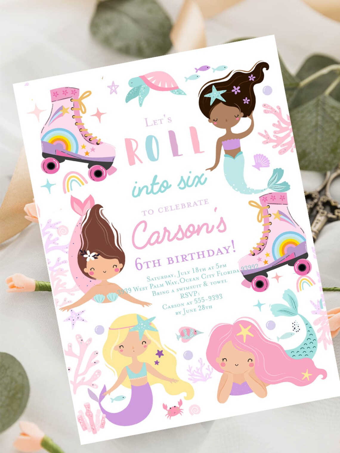 Mermaid Roller Skate Birthday Invitation, Mermaids and Roller Skates ...