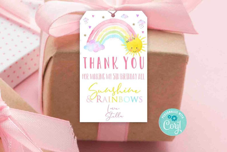 Editable Rainbow Sunshine Party Favor Tag, Thank You Sticker, Rainbow ...