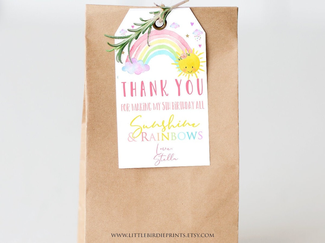 Editable Rainbow Sunshine Party Favor Tag, Thank You Sticker, Rainbow ...