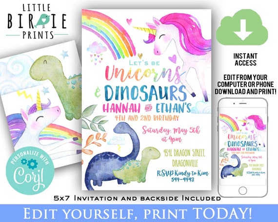 UNICORN Dinosaur Birthday Invitation Dinosaur and UNICORN | Etsy