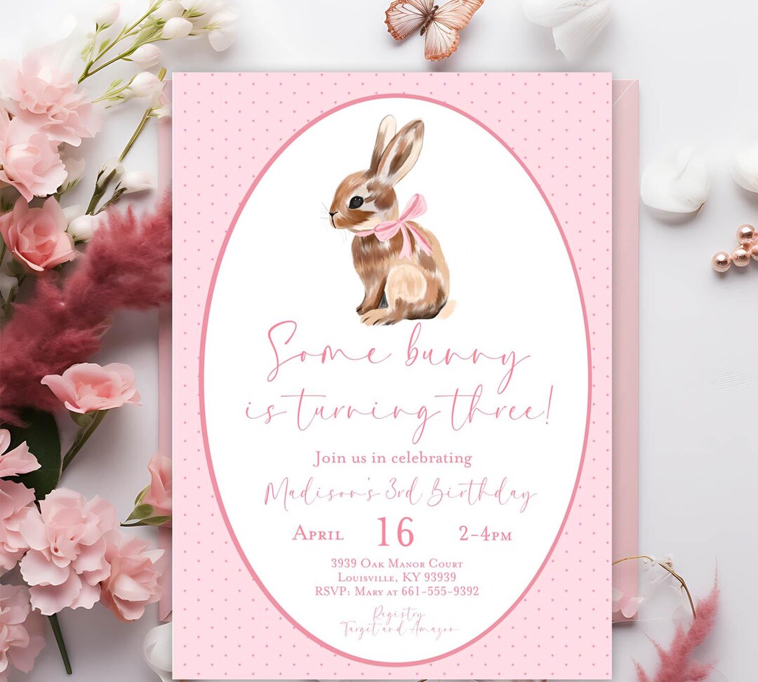 Vintage Bunny Birthday Invitation Girl Pink Bunny Birthday Party Invitation, Bunny Vintage ...