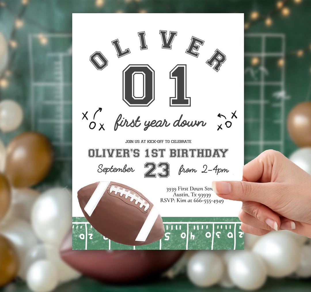 Football First Birthday Invitation First Year Down, Football 1st ...