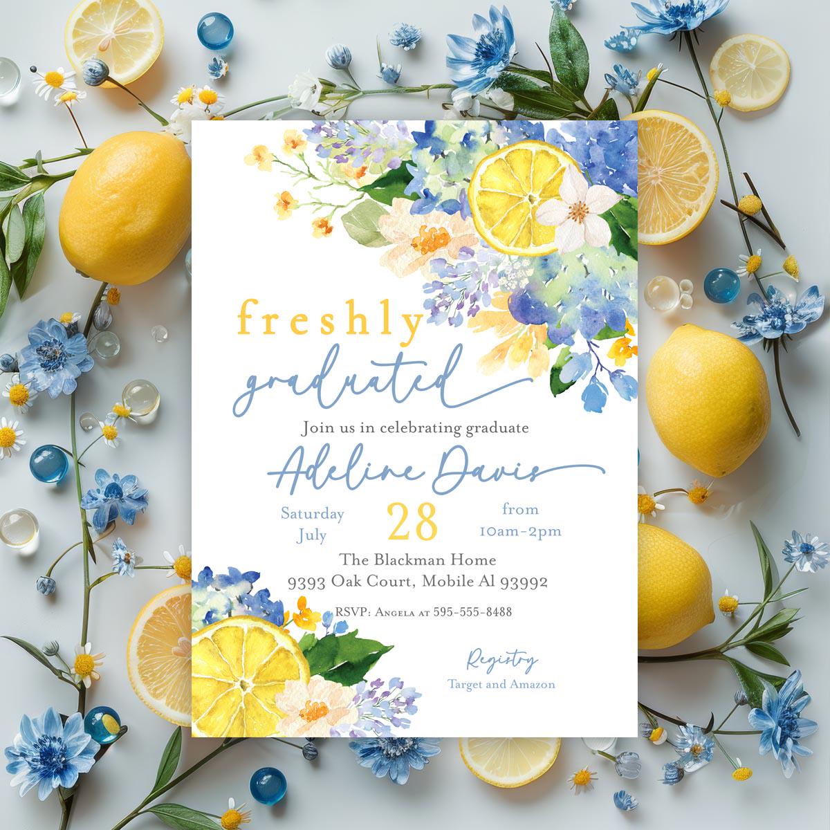 Freshly Graduated Lemon Graduation Party Invitation Blue Hydrangeas ...