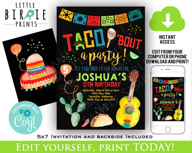 Taco 'bout a party Invitation FIESTA birthday invitation | Etsy