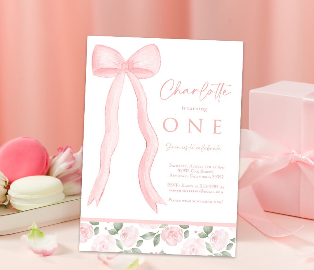 Pink Bow First Birthday Invitation, Coquette Birthday Invitation ...