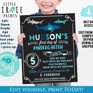 SHARK First Day of School Sign First Day of Kindergarten Sign BOY 1st ...
