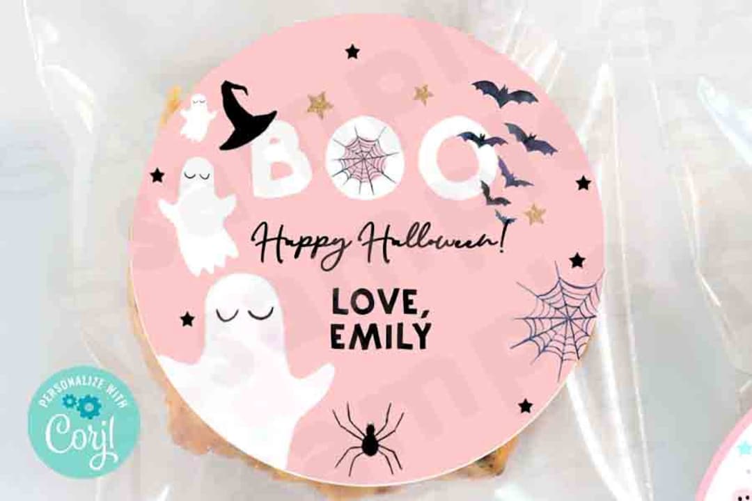 Editable Pink Halloween Party Favor Sticker Round Treat Bag - Etsy