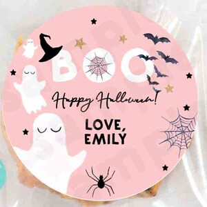 Editable Pink Halloween Party Favor Sticker Round Treat Bag - Etsy
