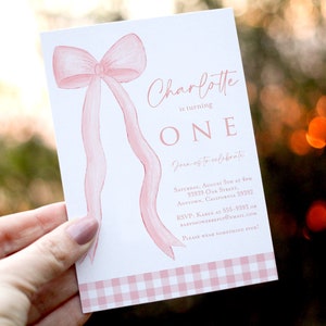 Pink Bow First Birthday Invitation, Coquette Pink Bow Birthday ...