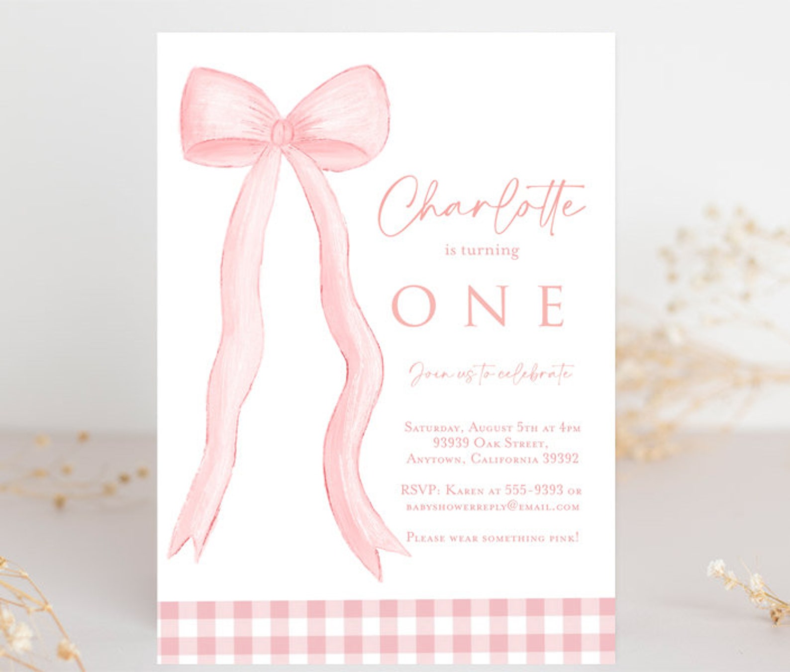 Pink Bow First Birthday Invitation, Coquette Pink Bow Birthday ...