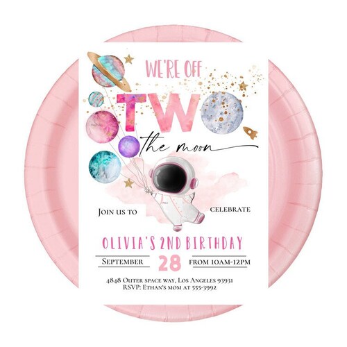 Editable Two The Moon 2nd Birthday Invitation Girl Pink Space Etsy