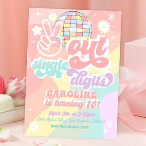Editable Peace Out Single Digits Invitation Groovy 10th Birthday Party ...