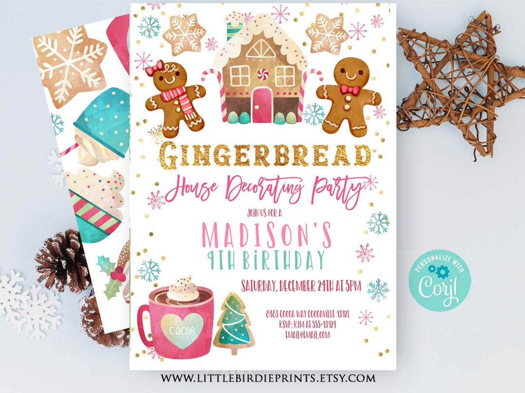 Editable Gingerbread House Party Invitation Pink Gingerbread House ...