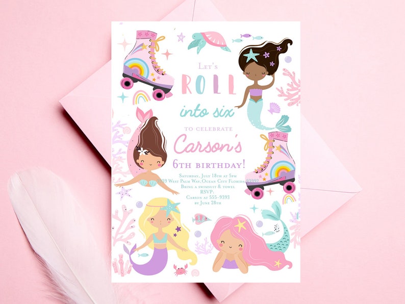 Mermaid Roller Skate Birthday Invitation, Mermaids and Roller Skates ...