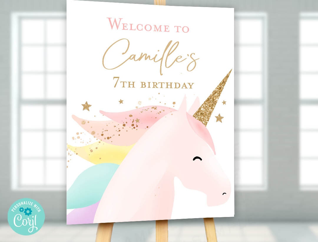 Editable Unicorn Welcome Sign, Unicorn Birthday Party Sign With Name ...