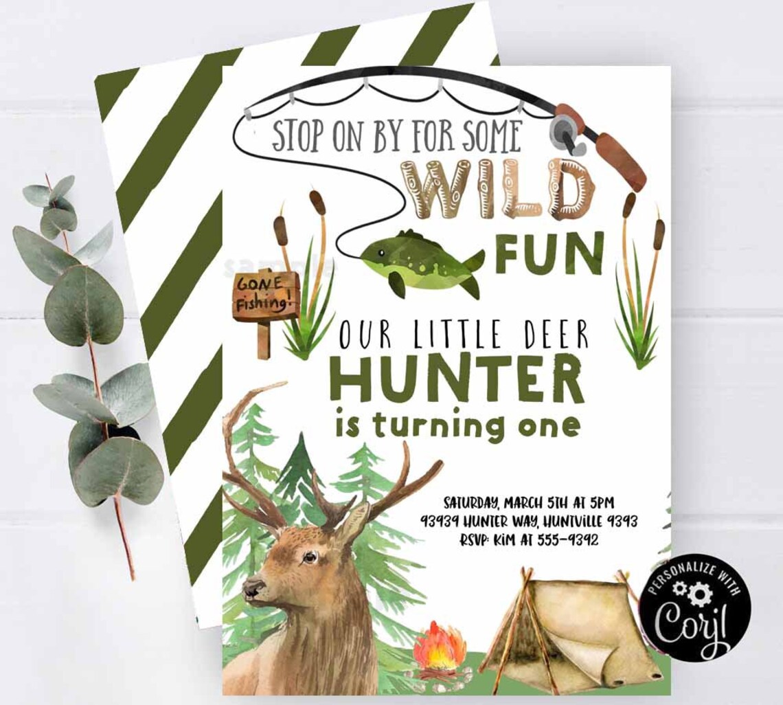 HUNTING FISHING Birthday Invitation Deer Fish Birthday Invitation ...