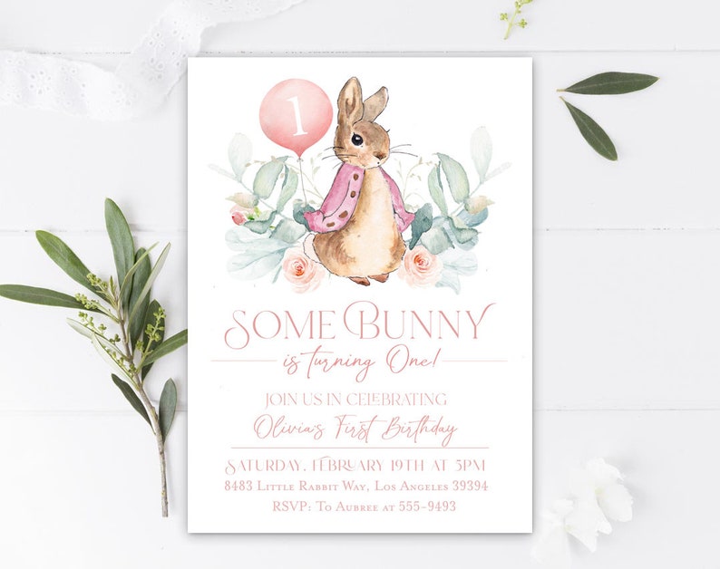 Pink Bunny First Birthday Invitation Girl Peter Rabbit - Etsy