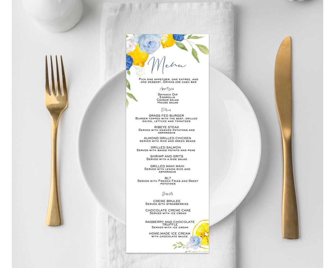 LEMON Menu Template, Blue Lemon Bridal Shower Menu, Lemon Baby Shower ...