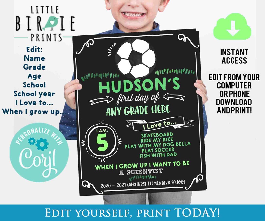 EDITABLE SOCCER First Day of School Sign First Day of Kindergarten Sign ...