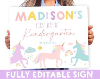 Editable First Day of Kindergarten Sign Unicorn First Day of - Etsy