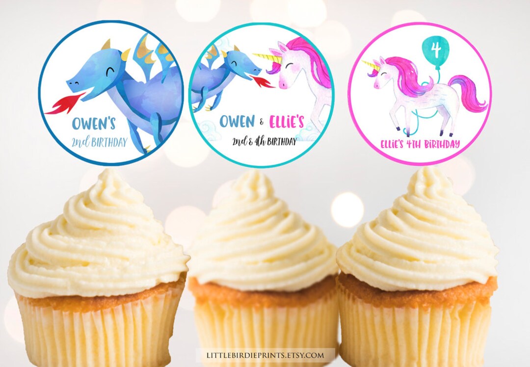Unicorn Dragon Birthday Party Cupcake Toppers, Editable With Name ...