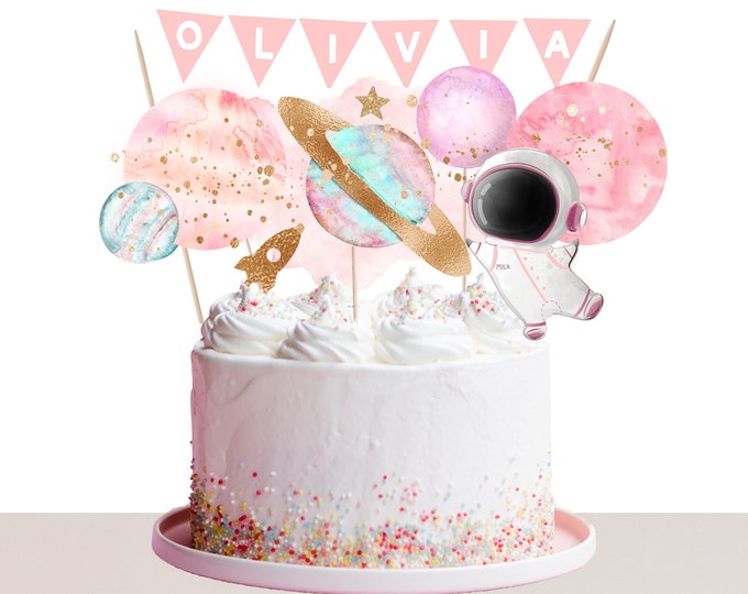 Girl Astronaut Cake Topper, Pink Outer Space Birthday Party, Reach for ...