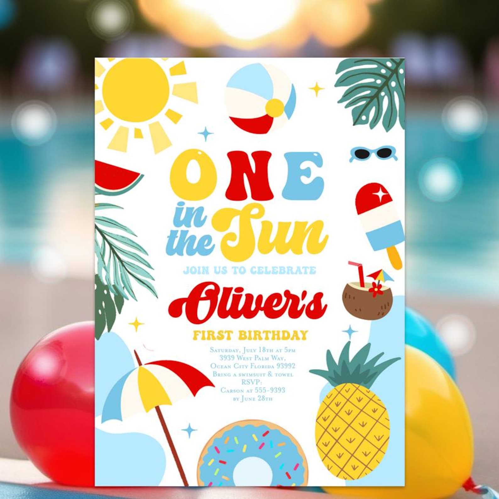 One in the Sun Birthday Invitation, Summer First Birthday Pool Party ...