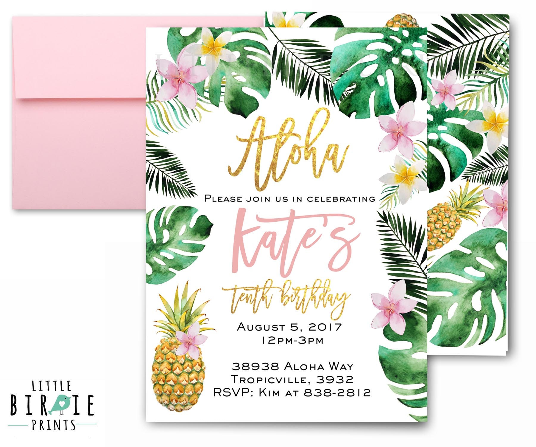 TROPICAL Birthday party invitation Gold Pineapple invitation | Etsy